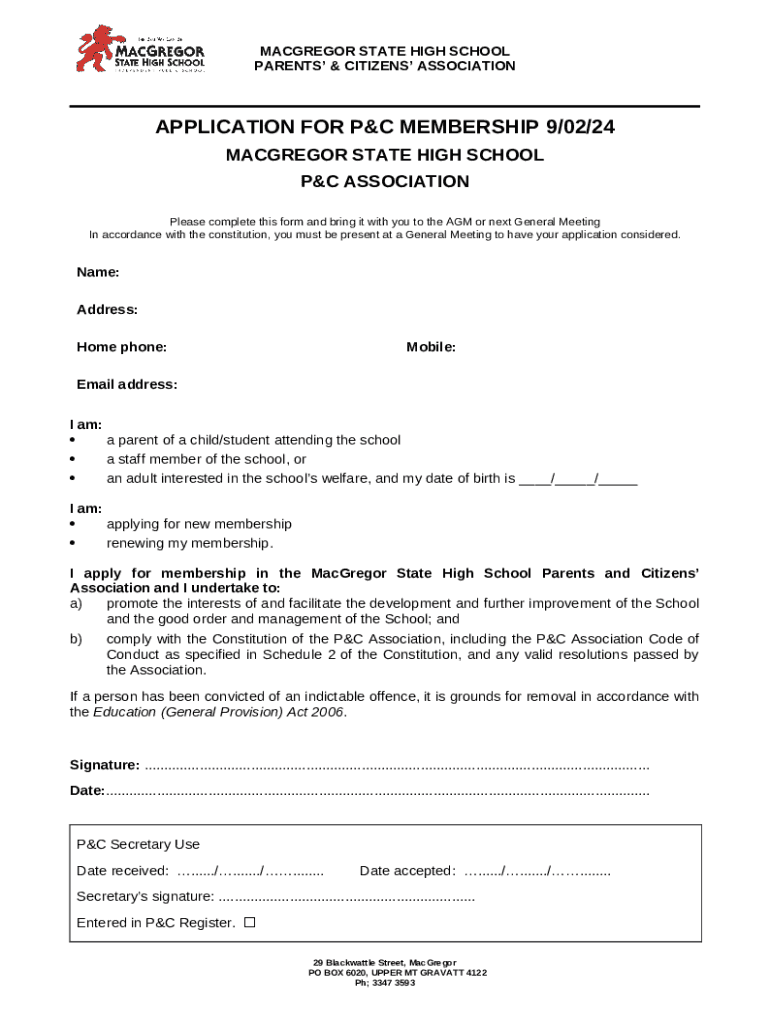 pandc-membership-application- - macgregorshs eq edu Doc Template ...