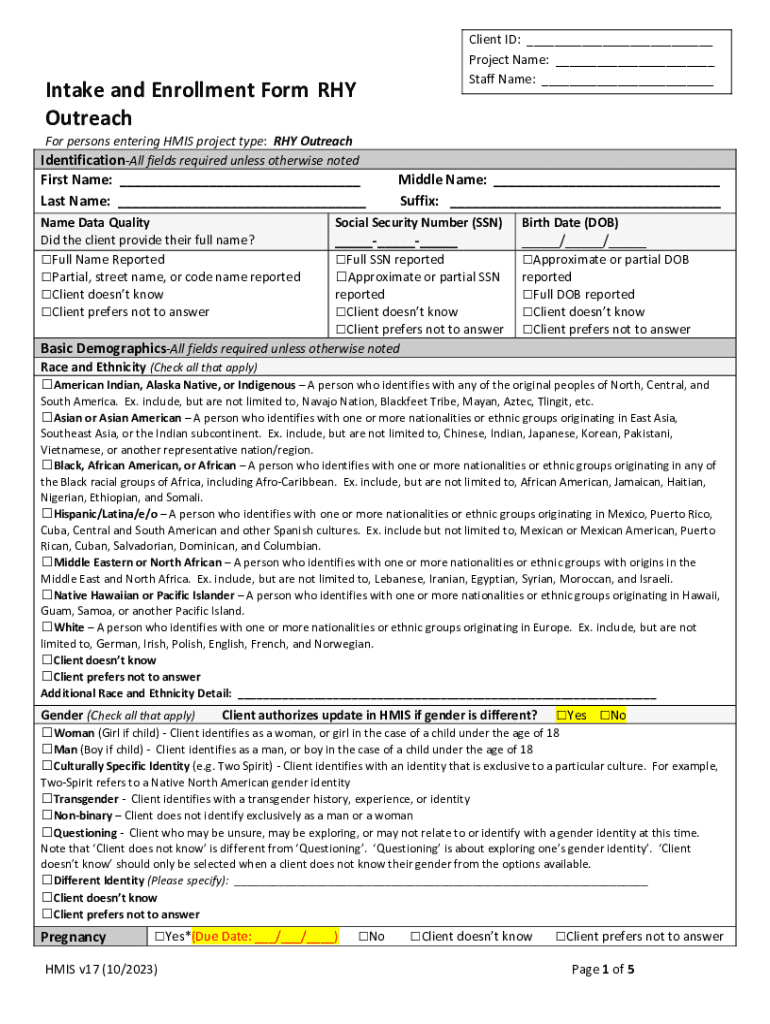 Fillable Online Intake and Enrollment Form RHY Outreach Fax Email Print ...