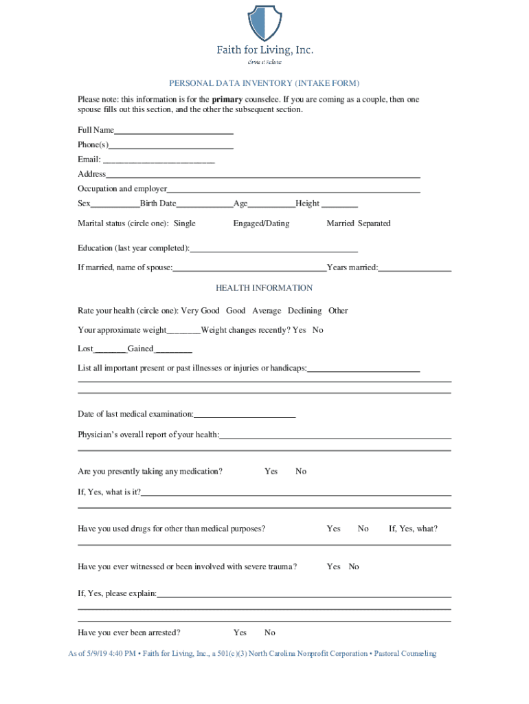 Fillable Online PERSONAL DATA INVENTORY (INTAKE FORM) Please note Fax ...