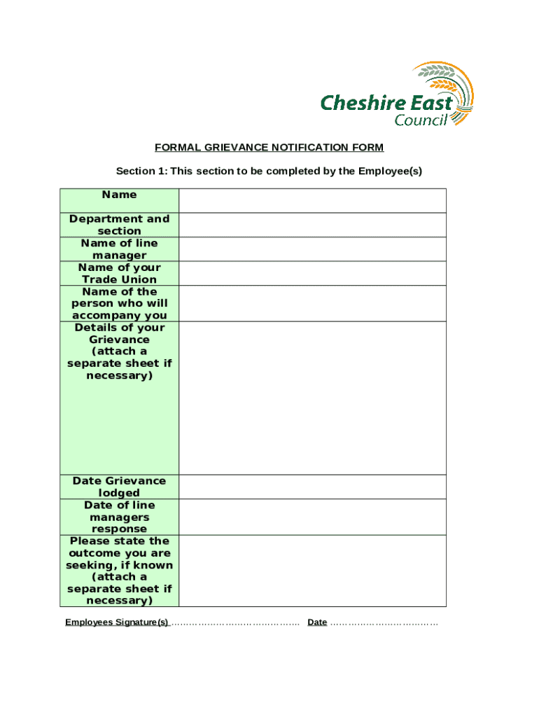 al Grievance Notification (Non Schools) Doc Template | pdfFiller