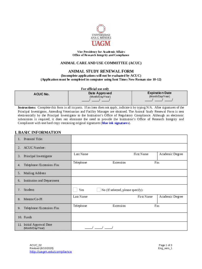 Article II Animal STUDY RENEWAL Doc Template | pdfFiller