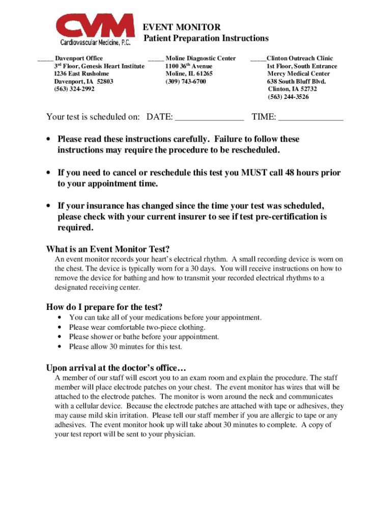 Fillable Online EVENT MONITOR Patient Preparation Instructions Your ...