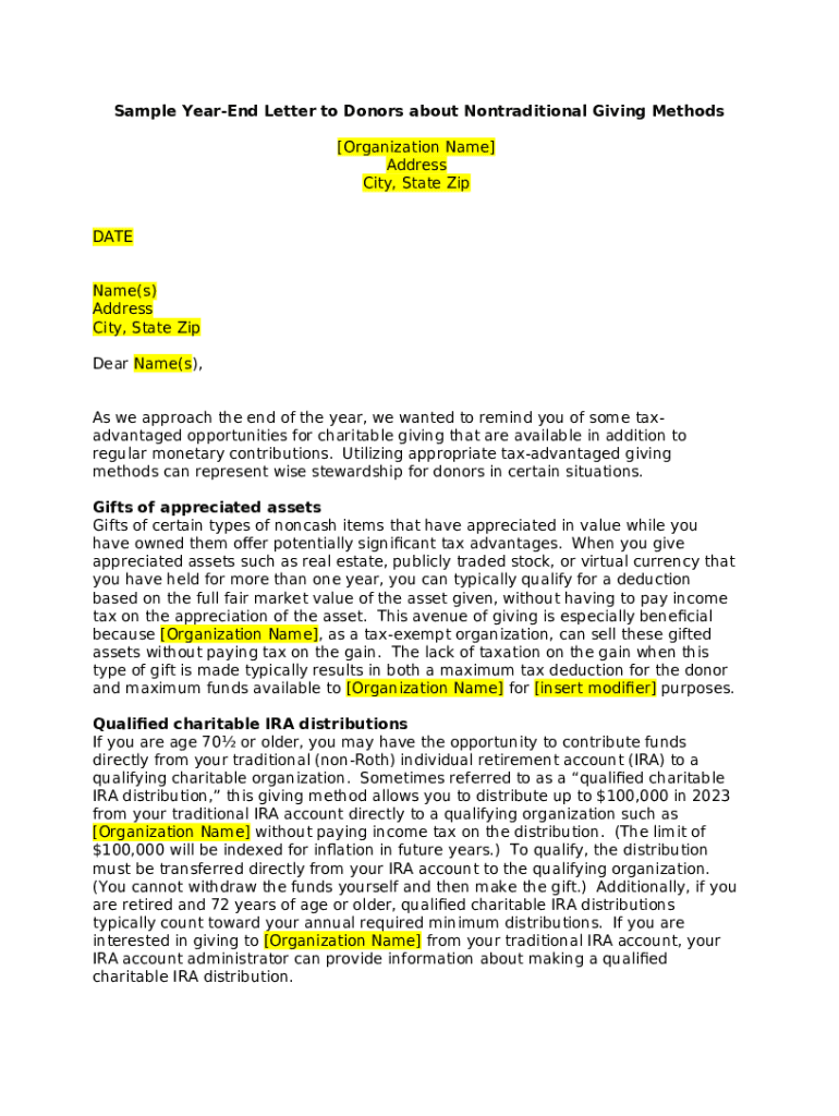 Sample Year-End Letter to Donors about Nontraditional Giving Methods ...