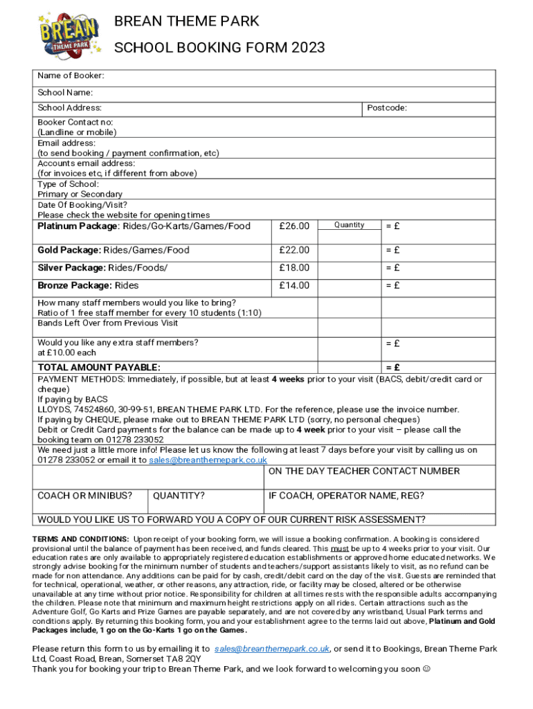 Fillable Online BREAN THEME PARK SCHOOL BOOKING FORM 2023 Fax Email Print - pdfFiller