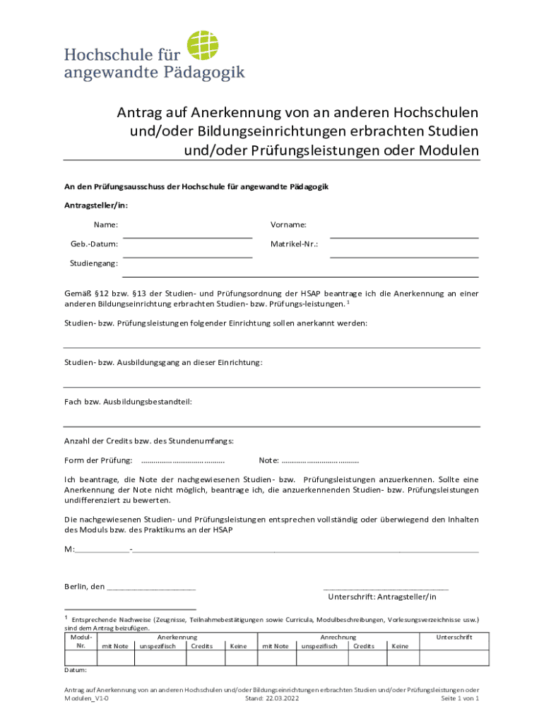Ausfüllbar Online Antrag auf Anerkennung von Studien - Hamburg Fax ...