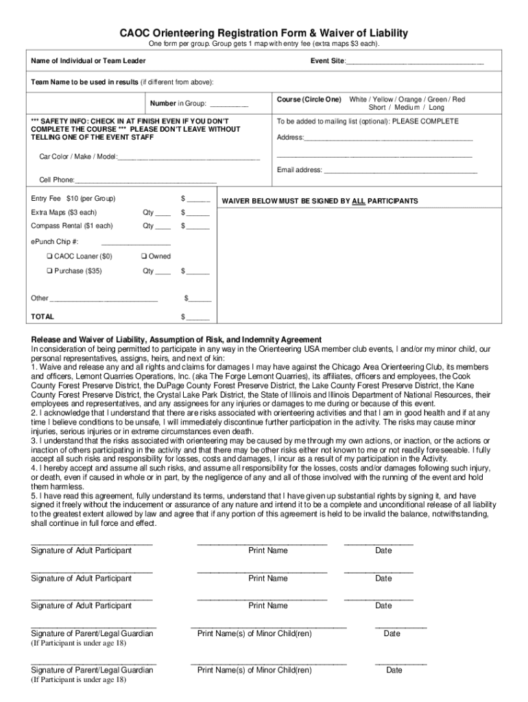 Fillable Online CAOC ORIENTEERING REGISTRATION FORM & WAIVER OF ...