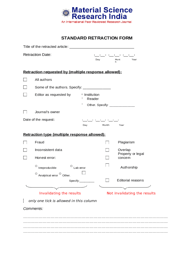 Standardized Retraction Doc Template | pdfFiller