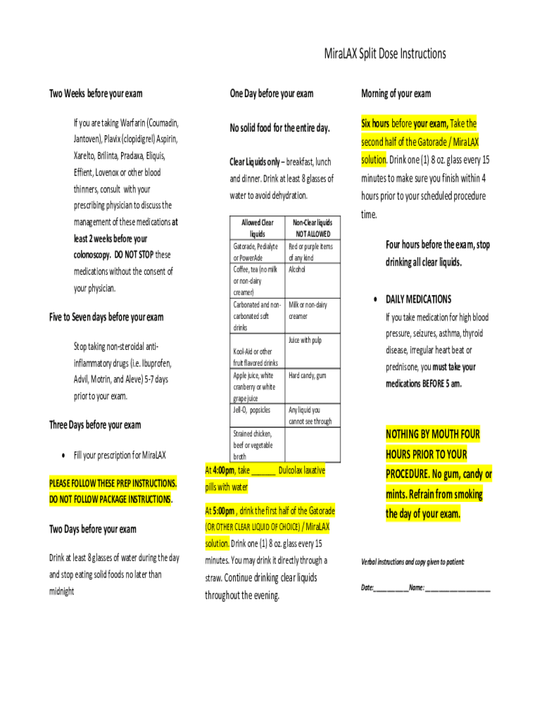 Fillable Online Colonoscopy InstructionsSplit Dose/Miralax Prep Fax ...