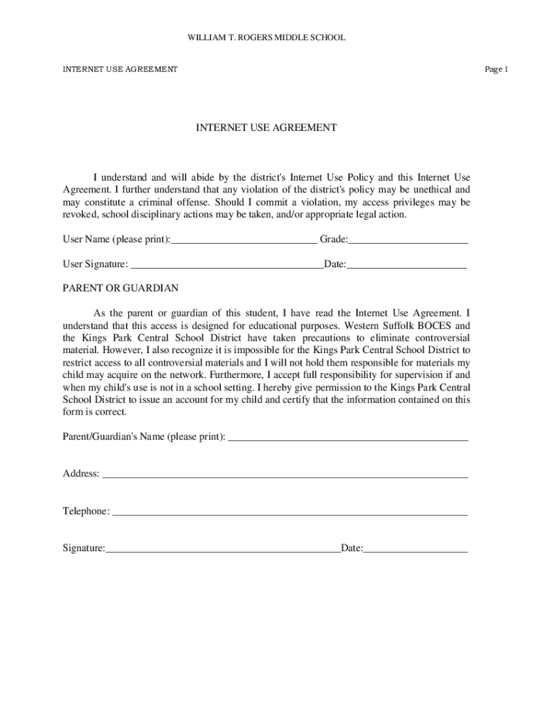 Fillable Online INTERNET USE AGREEMENT - William T. Rogers Middle ...