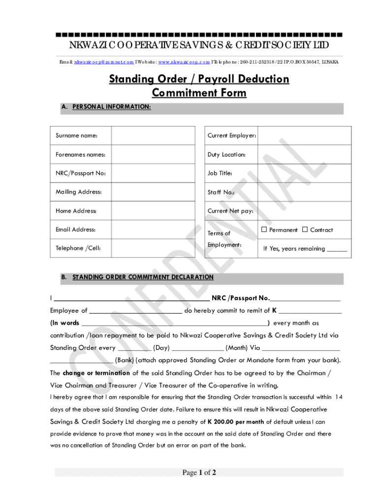 Fillable Online Standing Order / Payroll Deduction Commitment Form Fax Email Print - pdfFiller