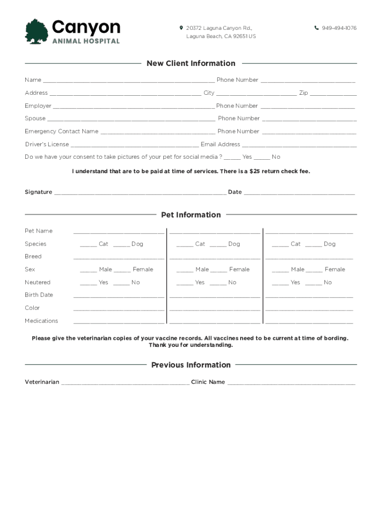Fillable Online canyon-animal-hospital-new-patient-form Fax Email Print ...