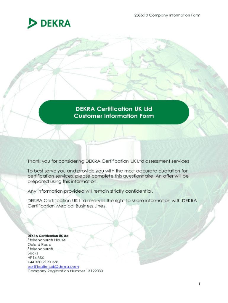 Fillable Online DEKRA Certification UK Ltd Customer Information Form ...