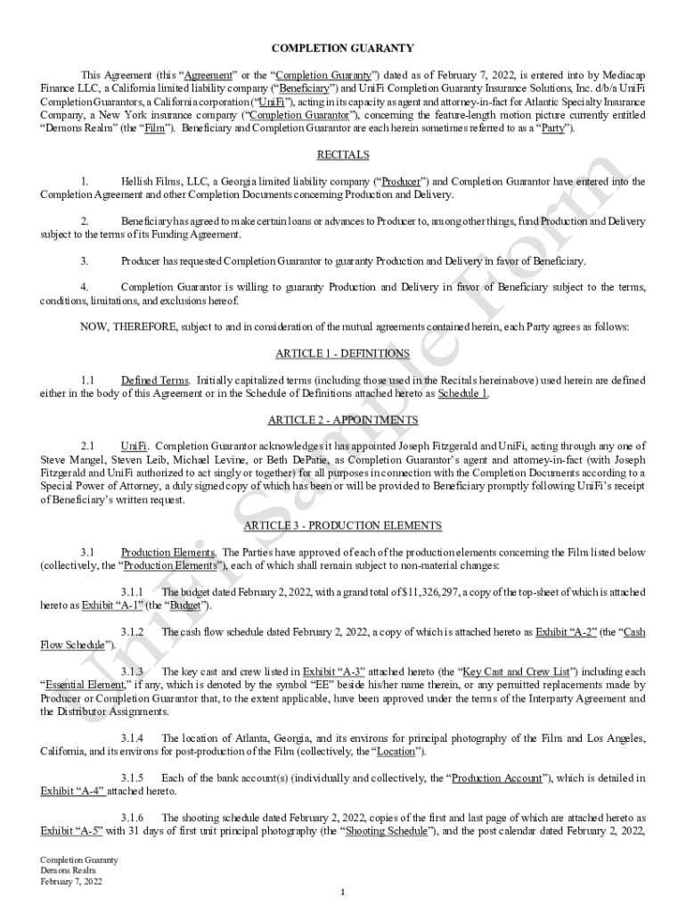 Fillable Online Completion Guarantee: Definition & Sample Fax Email ...