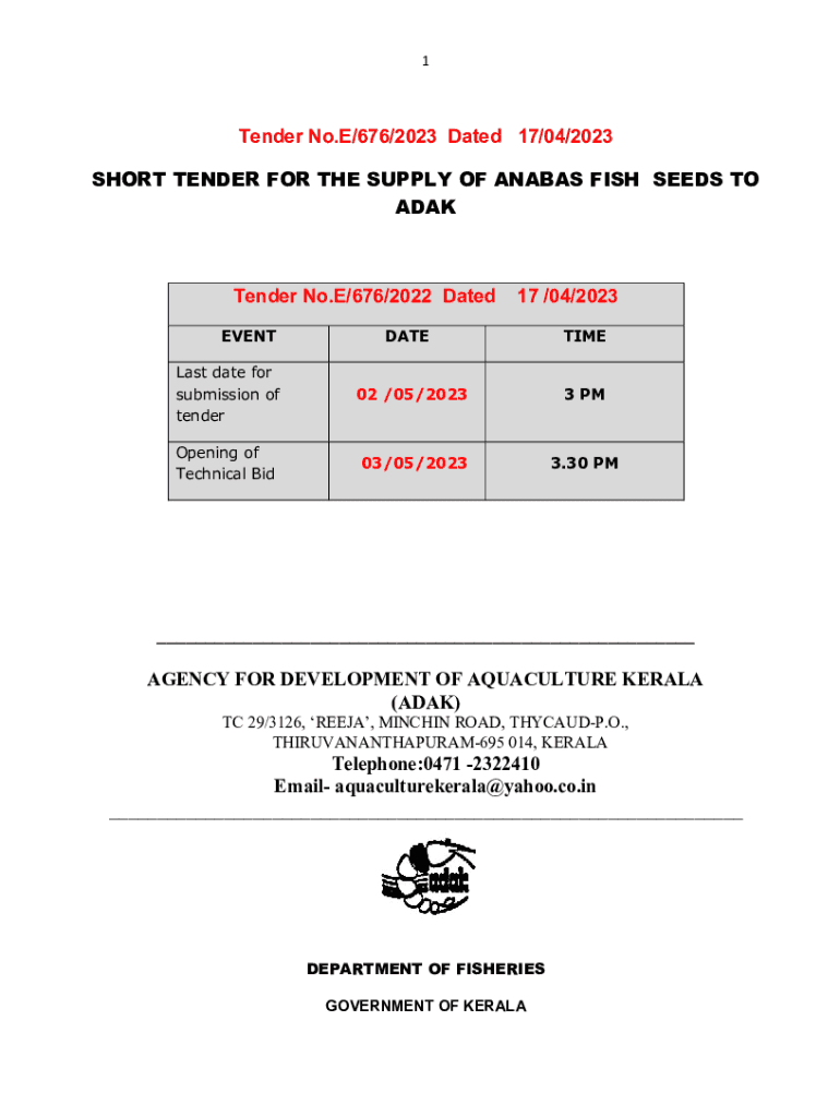 Fillable Online fisheries kerala gov short tender for the supply of ...