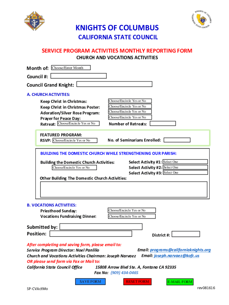 Fillable Online CA State Council SP-Church and Voc Activities Monthly ...