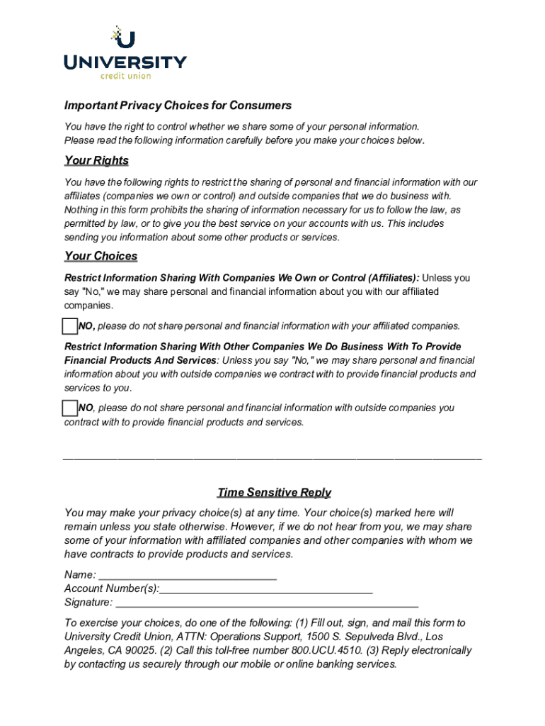 Fillable Online UCU SB-1 Form - Important Privacy Choices for Consumers ...