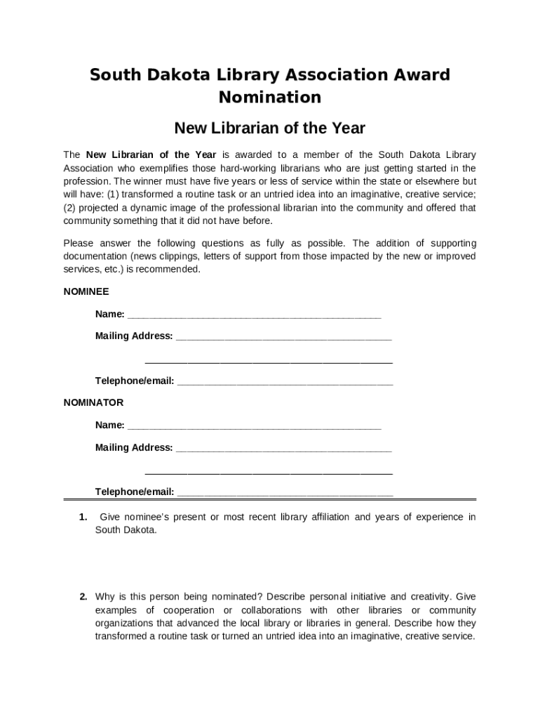New Librarian of the Year Award Nomination Doc Template | pdfFiller