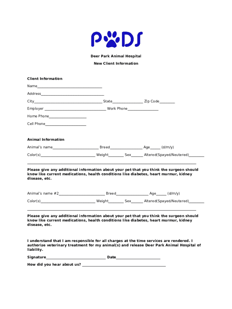 DEER PARK ANIMAL HOSPITAL New Client Ination Sheet Doc Template | pdfFiller