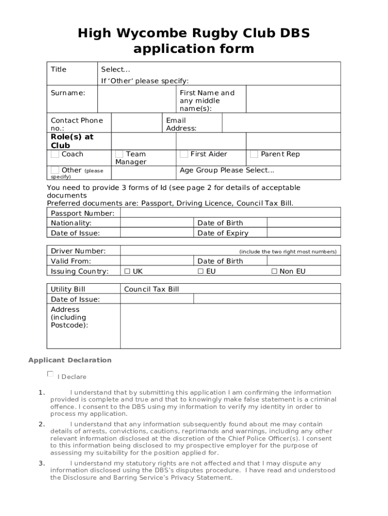 High Wycombe Rugby Club DBS application Doc Template | pdfFiller