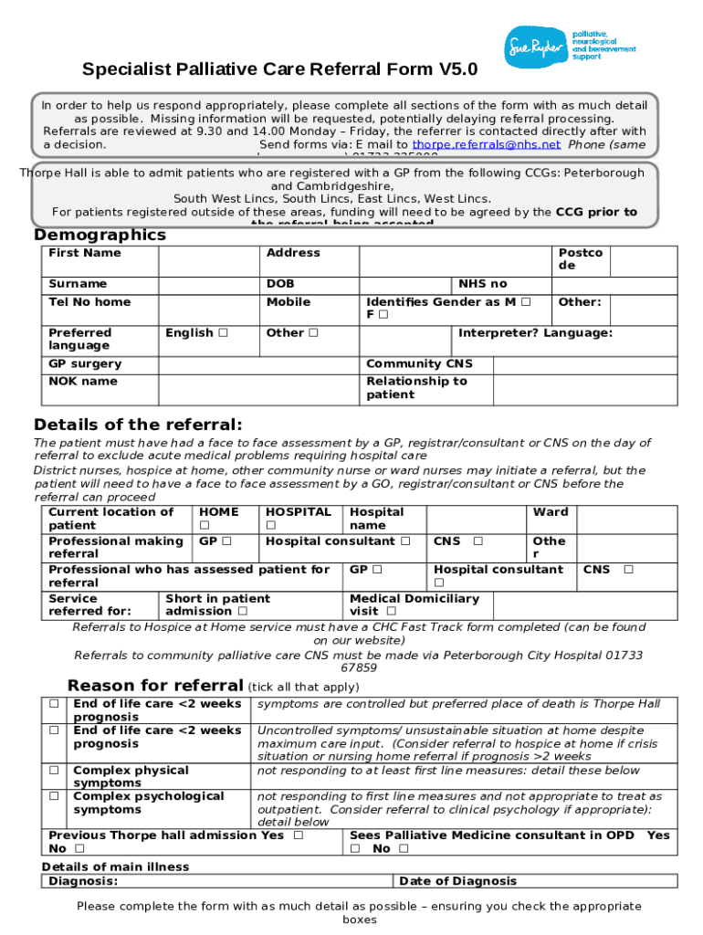 Specialist Palliative Care Referral V5.0 Doc Template | pdfFiller