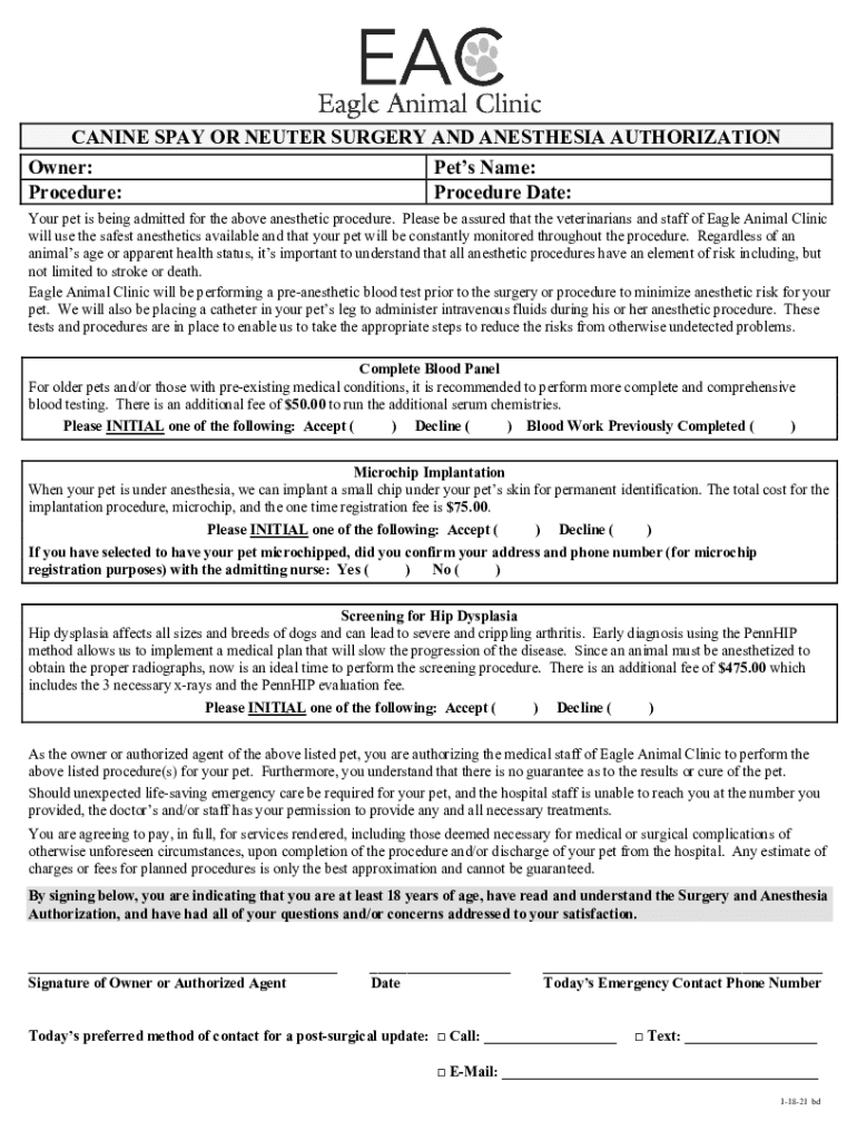 Fillable Online canine spay or neuter surgery and anesthesia ...