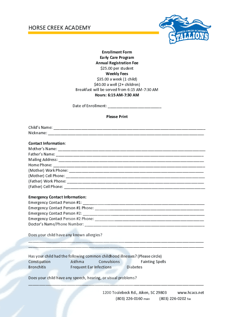 Fillable Online Children's Center - Enrollment, Tuition and Fee ...