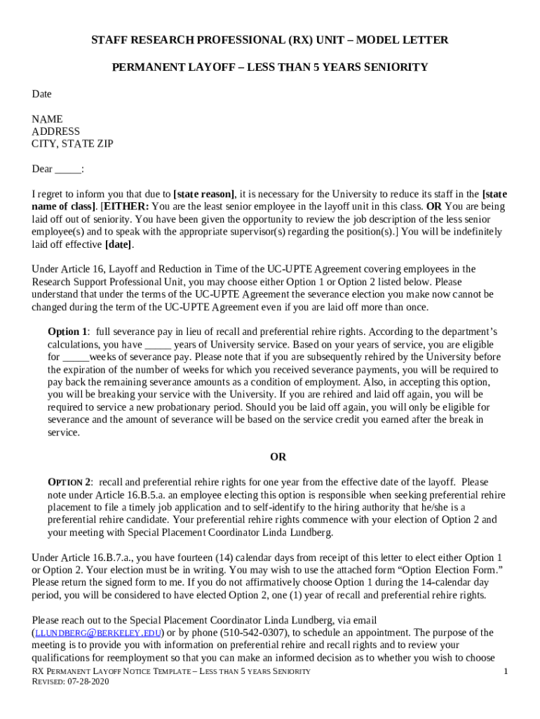 Layoff and Reduction in Work Force for Staff Doc Template | pdfFiller