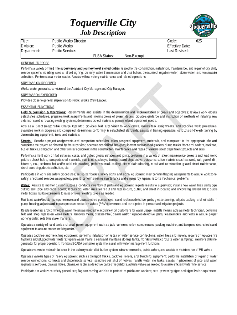 Scope of Work Supervision Essential Job Functions Doc Template | pdfFiller