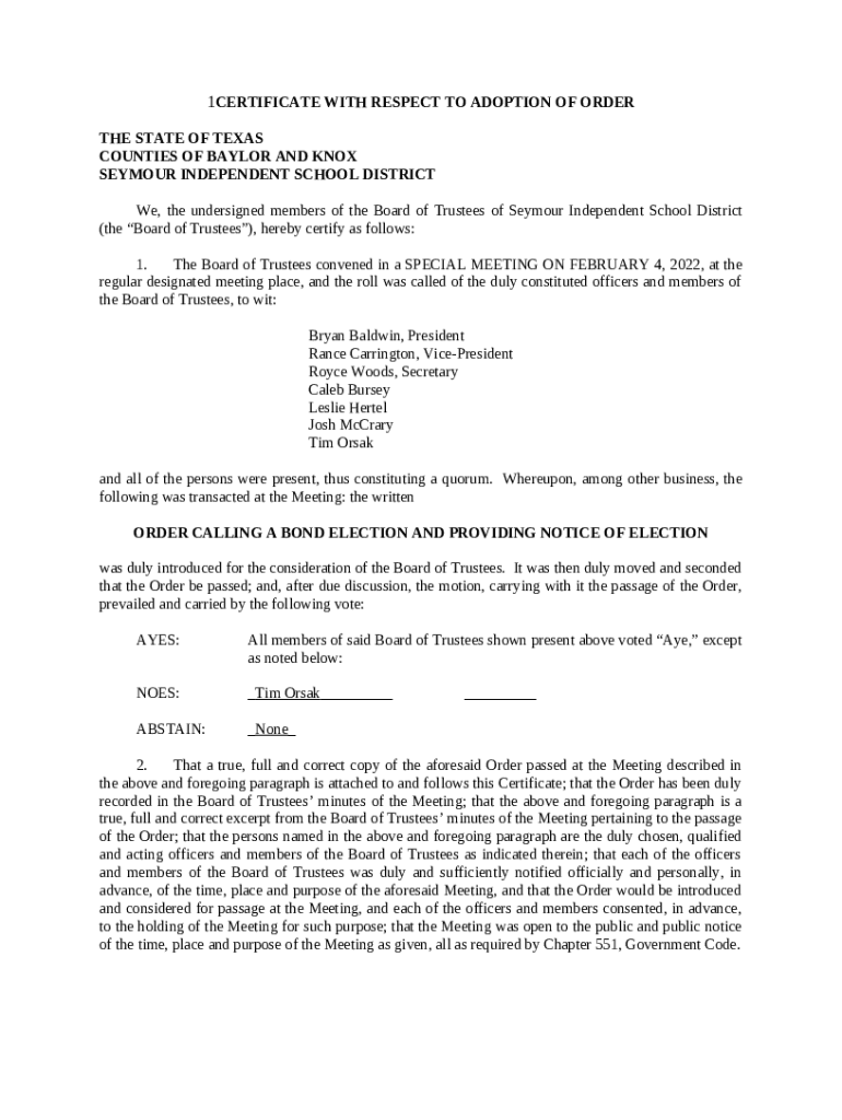 Election order for SISD English - Baylor County, Texas Doc Template | pdfFiller