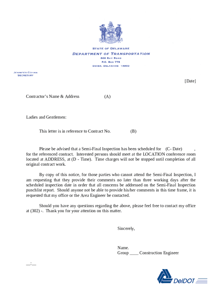 Semi-Final Inspection Notification Doc Template | pdfFiller