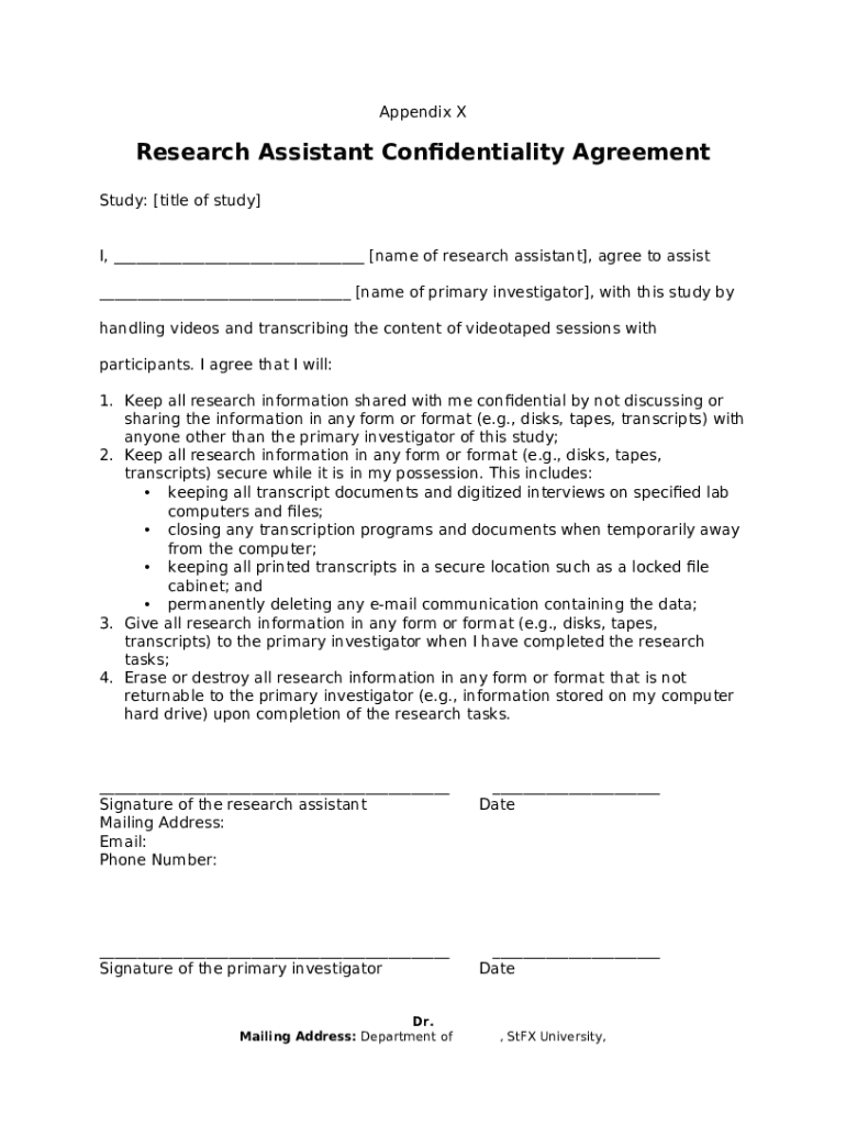 Research Staff Confidentiality Agreement Template Doc Template | pdfFiller