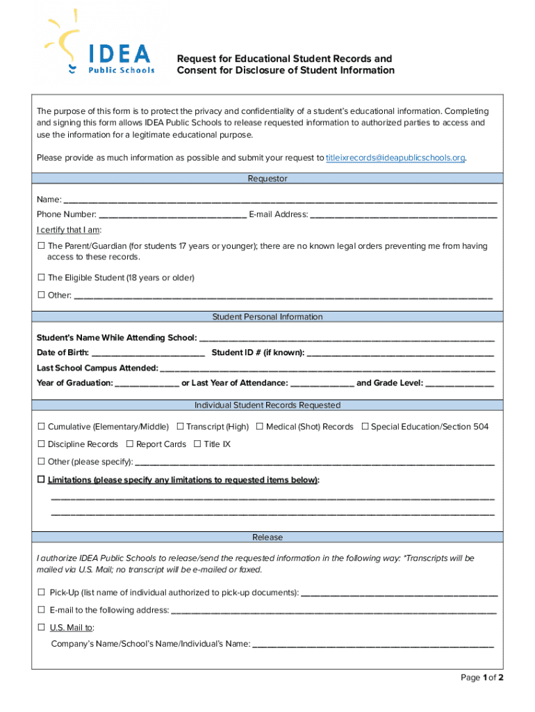 Fillable Online Request for Educational Student Records and Consent for ...