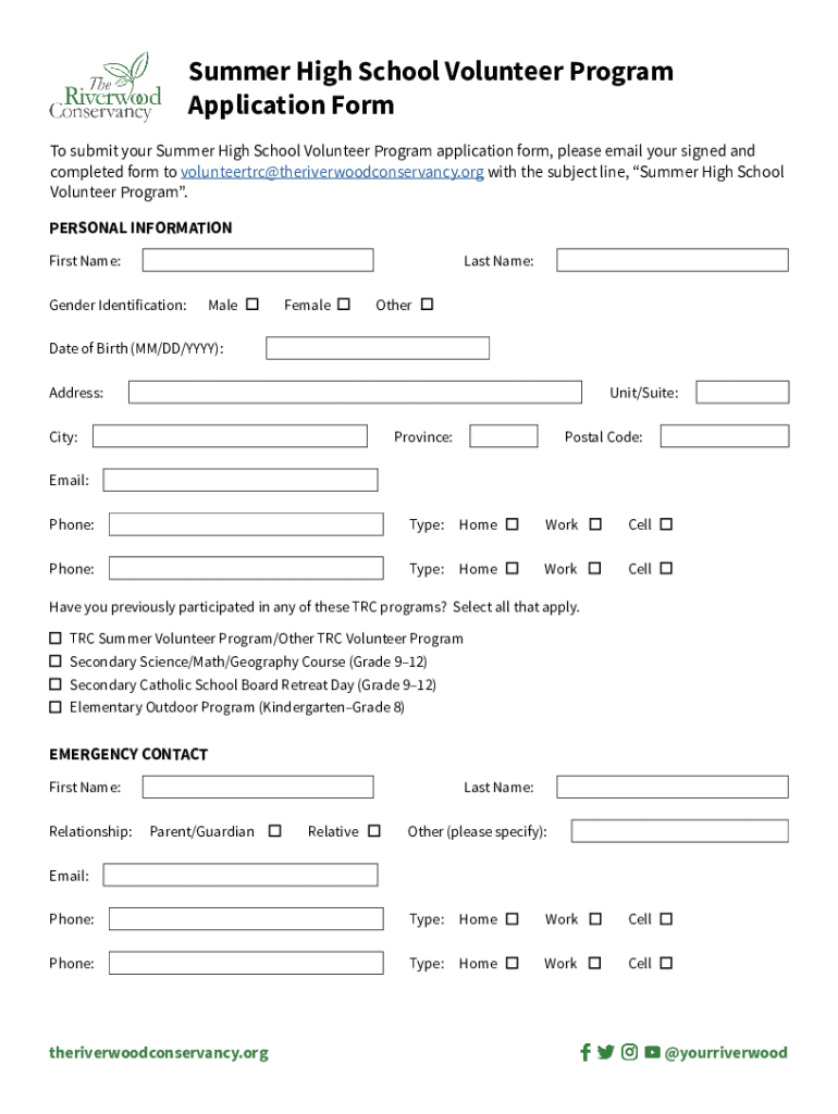 Fillable Online Summer High School Volunteer Program Application Form ...