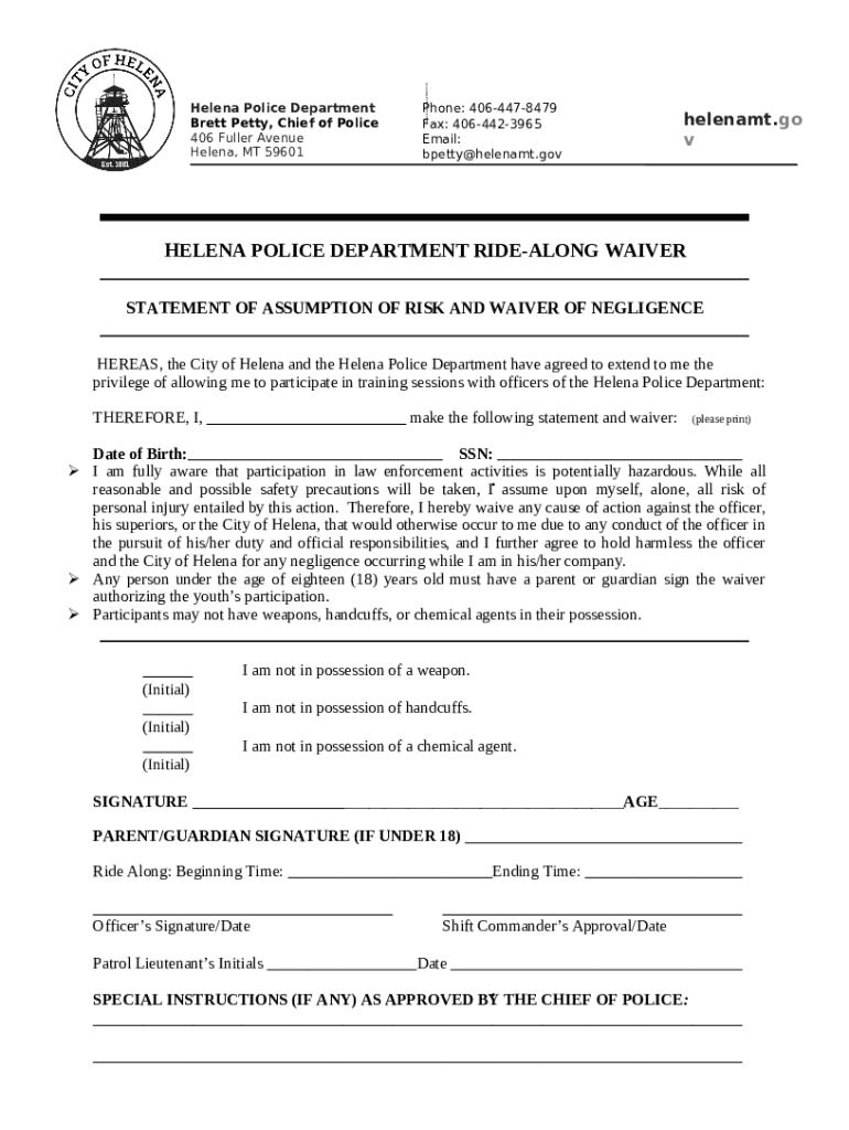 Ride Along Program - City of Helena, MT Doc Template | pdfFiller