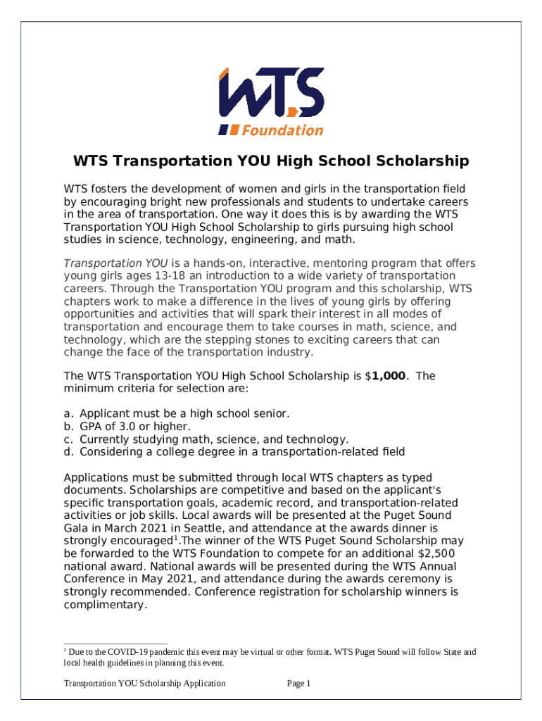 The WTS Transportation YOU High School Scholarship is $1,000 Doc ...