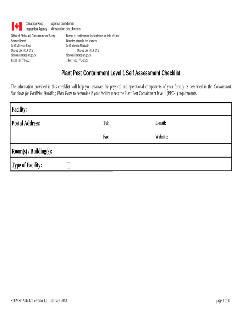 Plant Pest Containment Level 1 Checklist - biosafety mcmaster Doc ...
