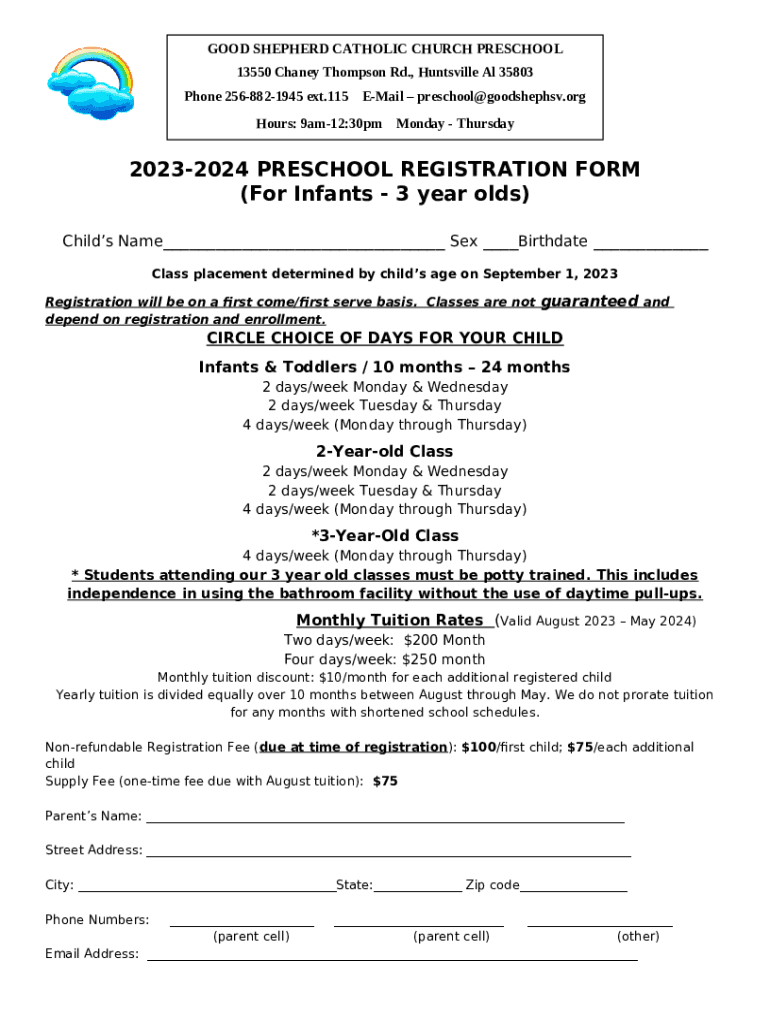 2023-2024 3 Year Old Preschool Registration Doc Template | pdfFiller