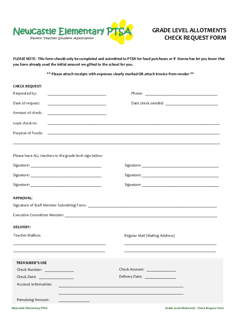 Fillable Online GRADE LEVEL ALLOTMENTS CHECK REQUEST FORM Fax Email ...