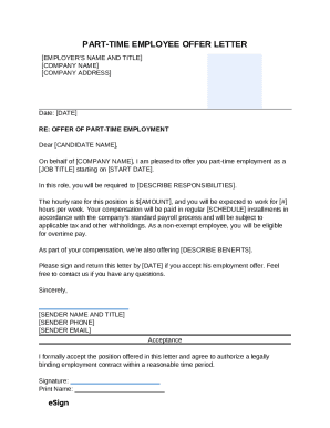 Part-Time Employee Offer Letter Doc Template | pdfFiller