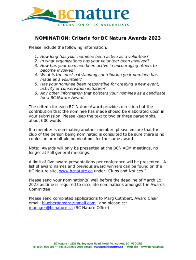 TWS Awards - Criteria & Guidelines - Nomination Doc Template | pdfFiller