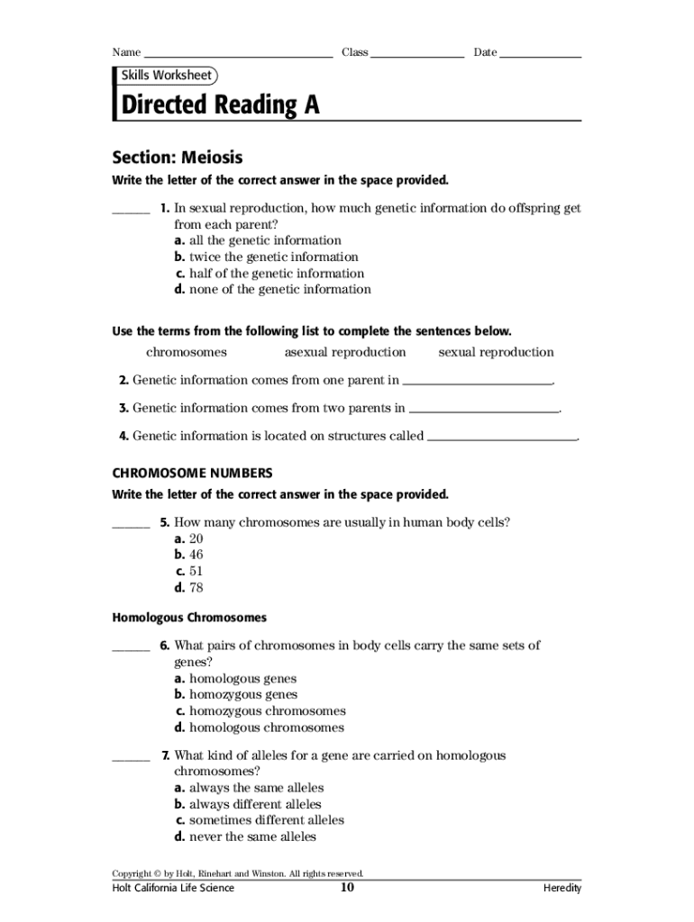 Fillable Online Directed Reading A Section: Meiosis Skills Worksheet ...