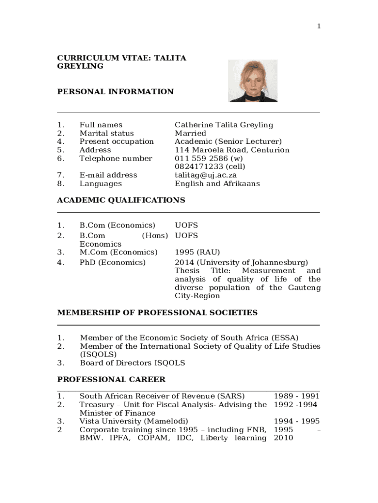Curriculum Vitae: Talita Dalton-Greyling Doc Template | pdfFiller