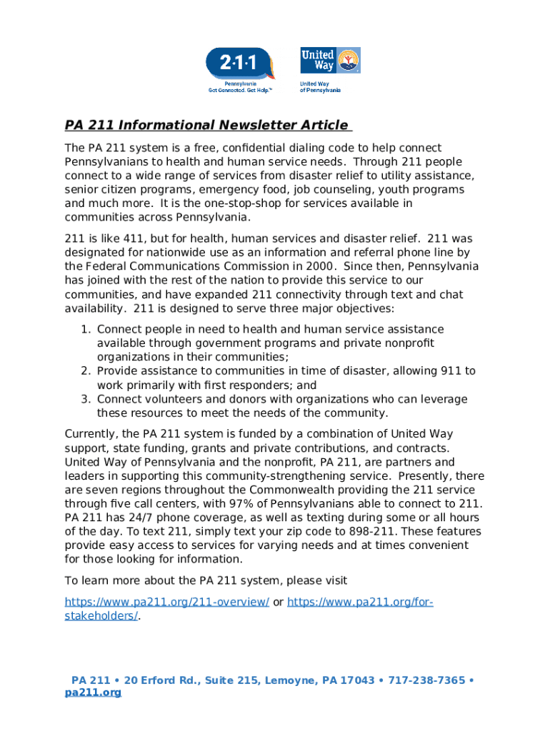 Online United Way of Pennsylvania, PA 211 and ... Doc Template | pdfFiller