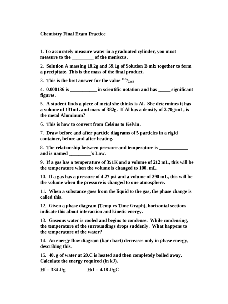 Chemistry Final Exam Practice Doc Template | pdfFiller