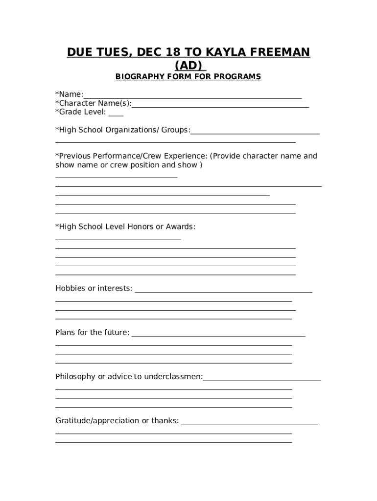 BIOGRAPHY FOR PROGRAMS Doc Template | pdfFiller