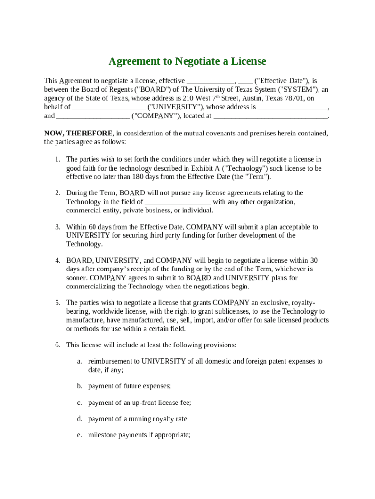 Agreement to Negotiate a License (UTSMCDAL) Doc Template | pdfFiller
