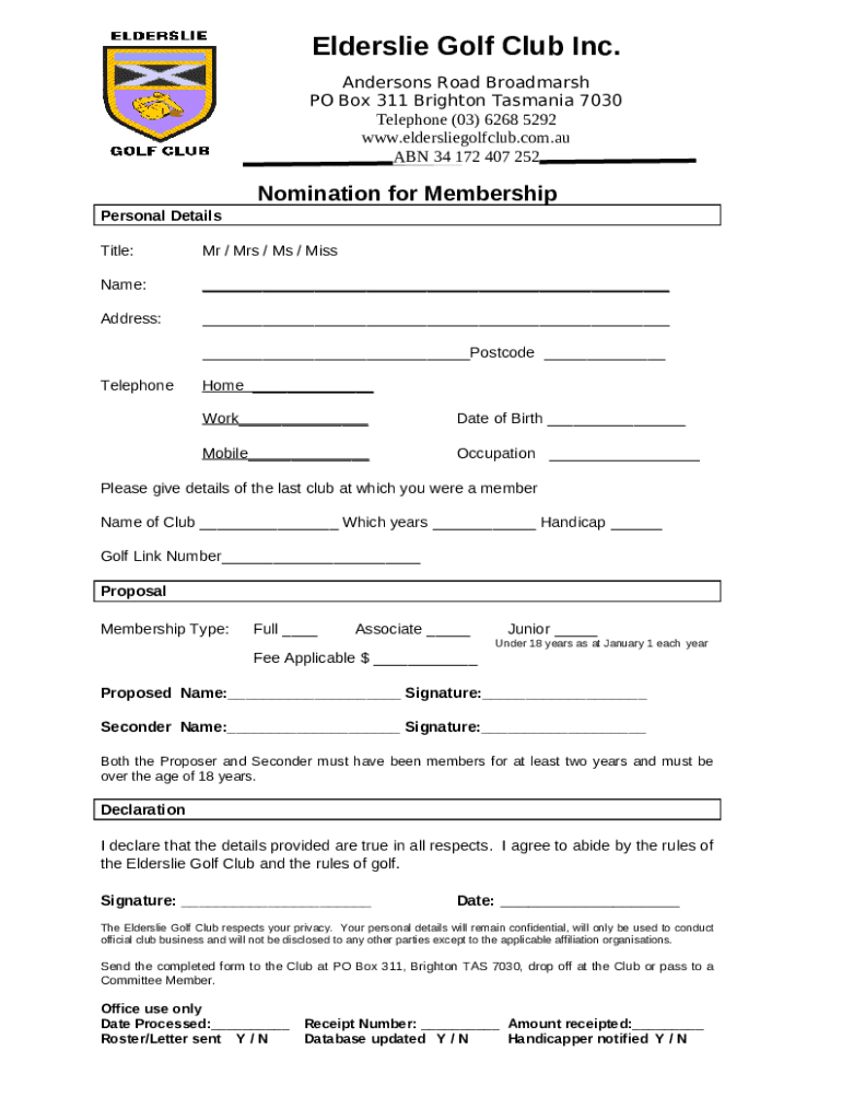 Nomination for Membership - DOC - Elderslie Golf Club Doc Template ...