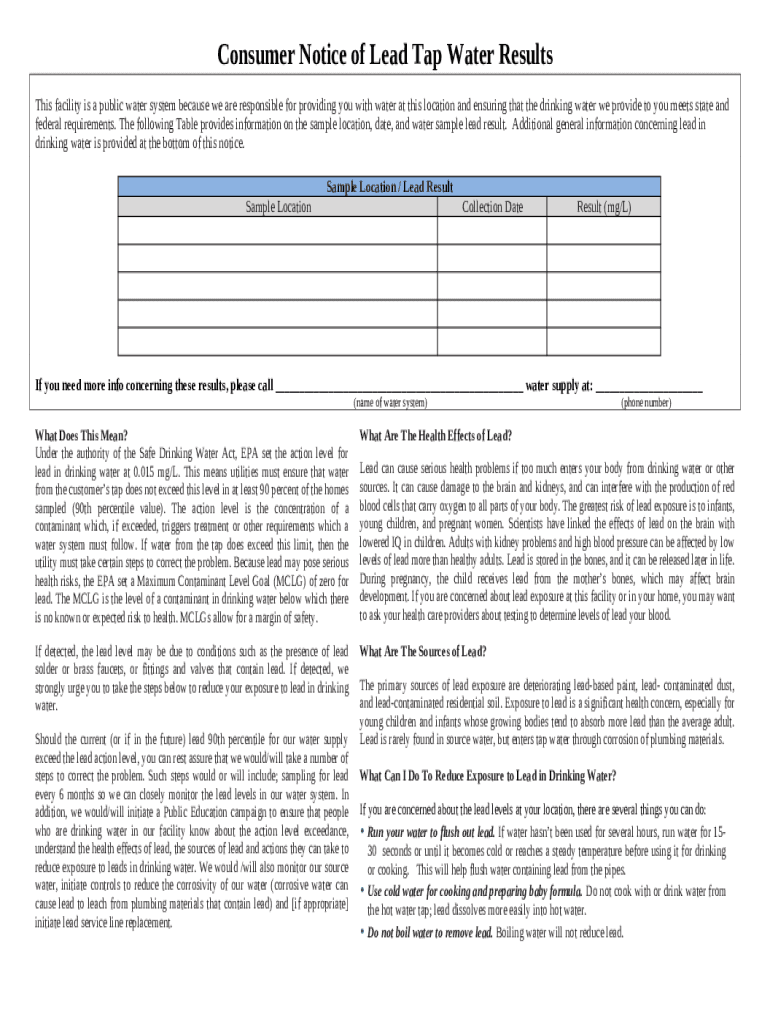 Instructions for Consumer Notice of Tap Water Results for ... Doc ...