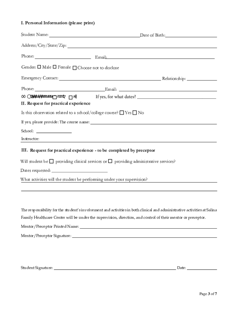 Fillable Online Thank you for interest in completing your school-based practical experience at ...