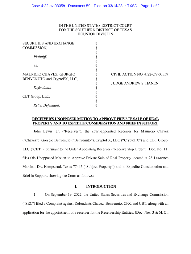 Fillable Online SEC v Chavez--RECEIVERS UNOPPOSED MOTION TO APPROVE ...